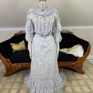 1903 Edwardian Summer Dress, Antique Two-piece Gown, Blue Floral Cotton ...