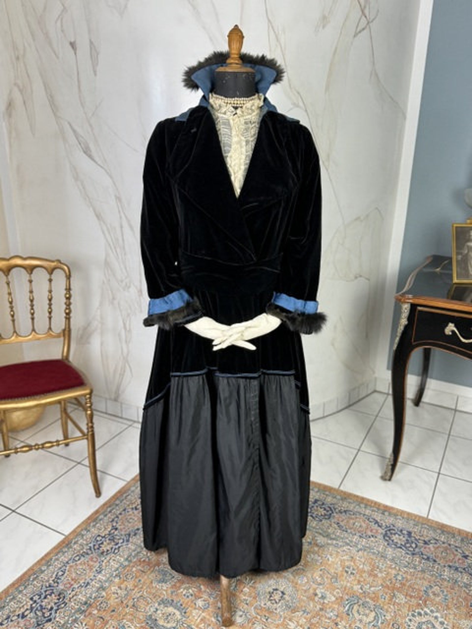 1915 Velvet Edwardian Coat, Blue Moiré Silk & Rabbit Fur Trim - Etsy