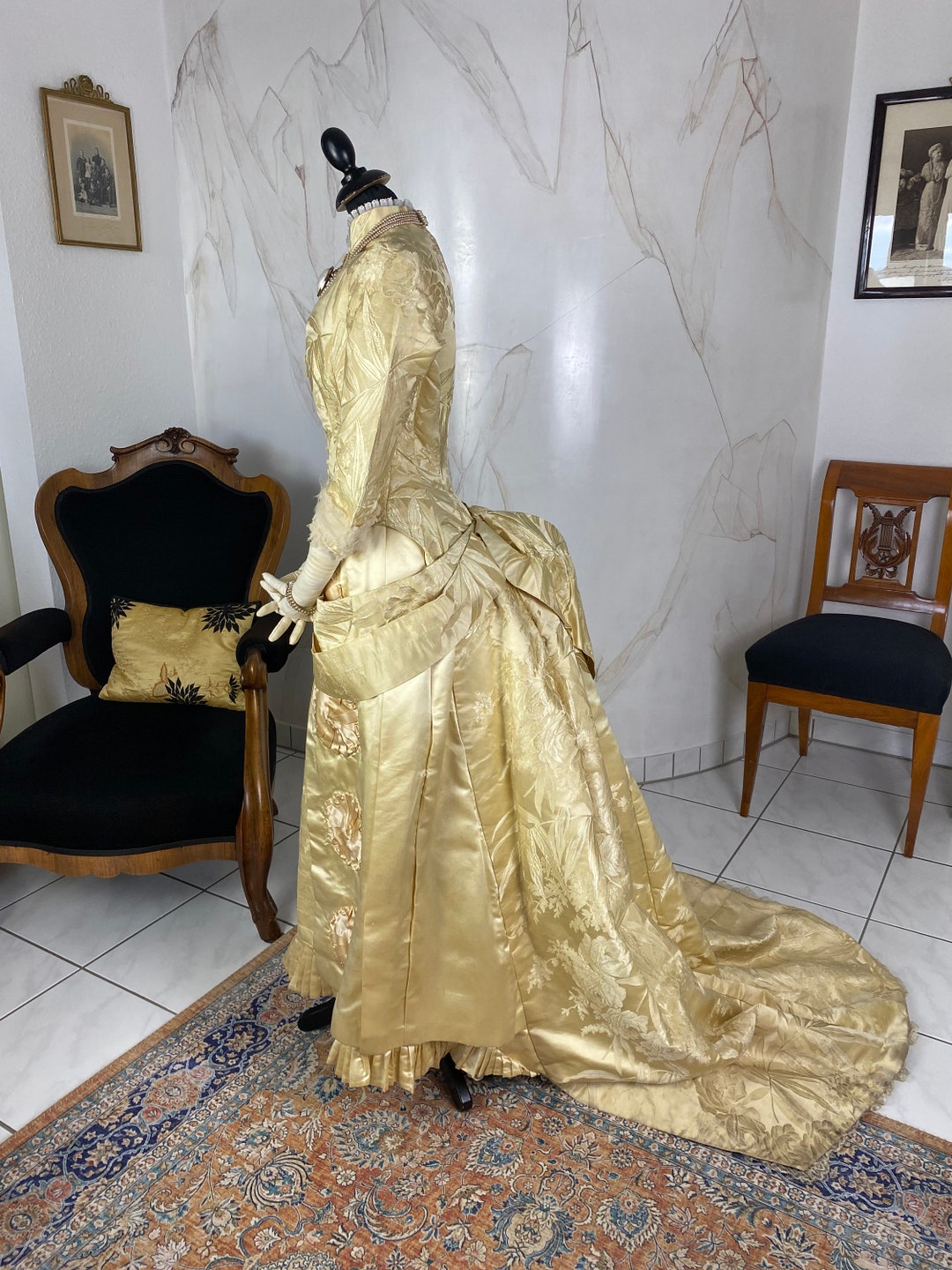 1879 A.M. Vail Antique Wedding Dress, Damask Floral Gown, Victorian ...