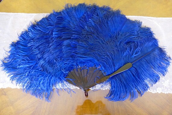 1910s Blue Ostrich Feather Fan, antique fan, edwardia… - Gem