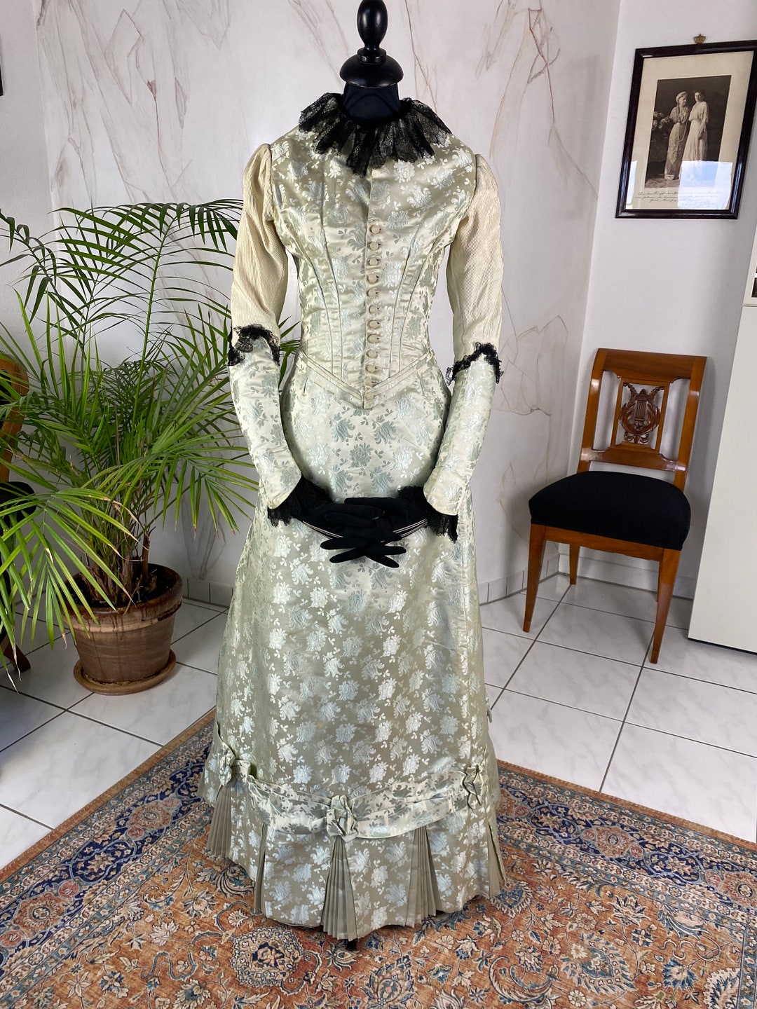 Antique 1898 Silk Brocade Dinner Dress, Pale Blue Green Victorian Gown ...