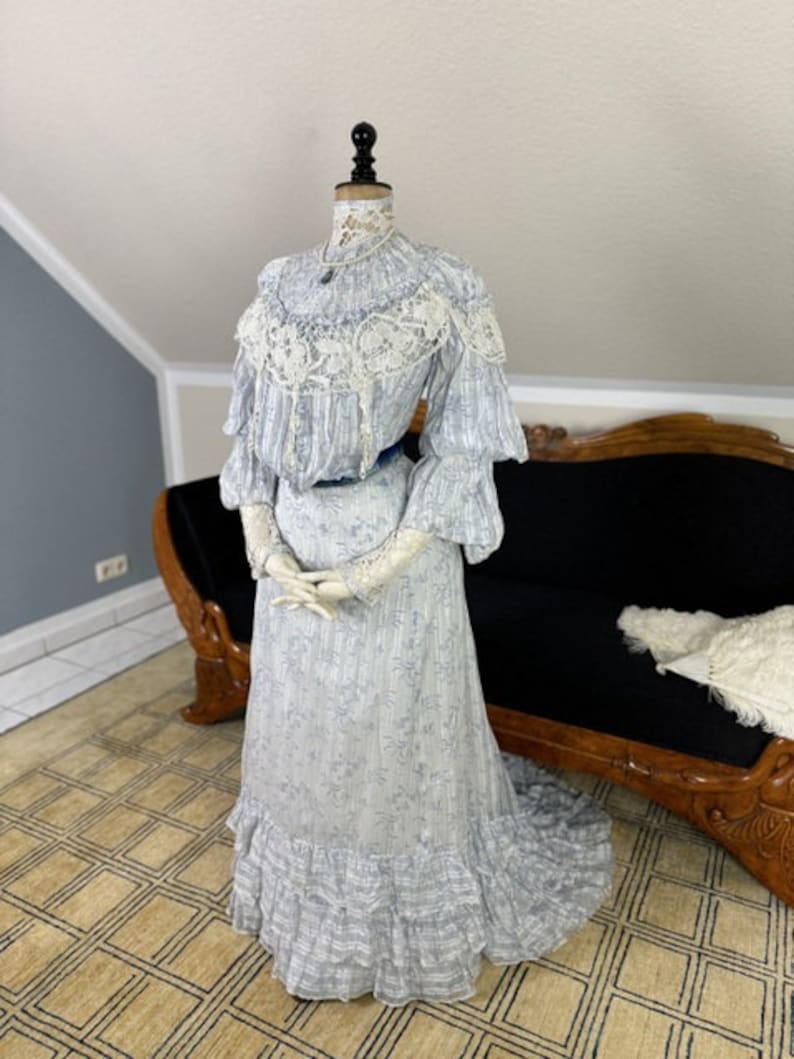 1903 Edwardian Summer Dress, Antique Two-piece Gown, Blue Floral Cotton ...