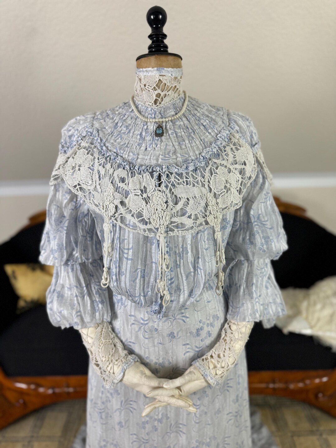 1903 Edwardian Summer Dress, Antique Two-piece Gown, Blue Floral Cotton ...