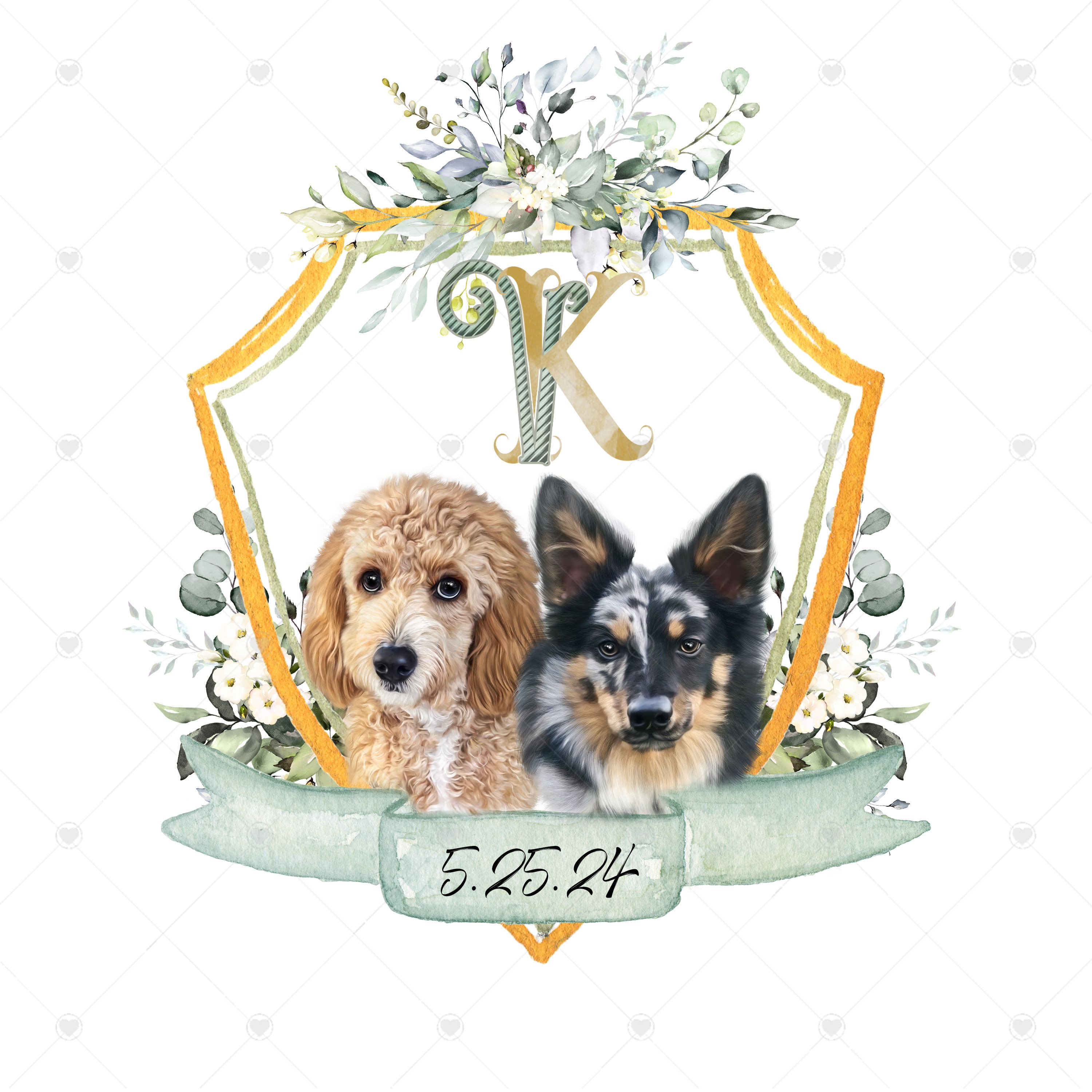 Dog Crest Two Pets Illustrations Custom Crest Watercolor | Etsy