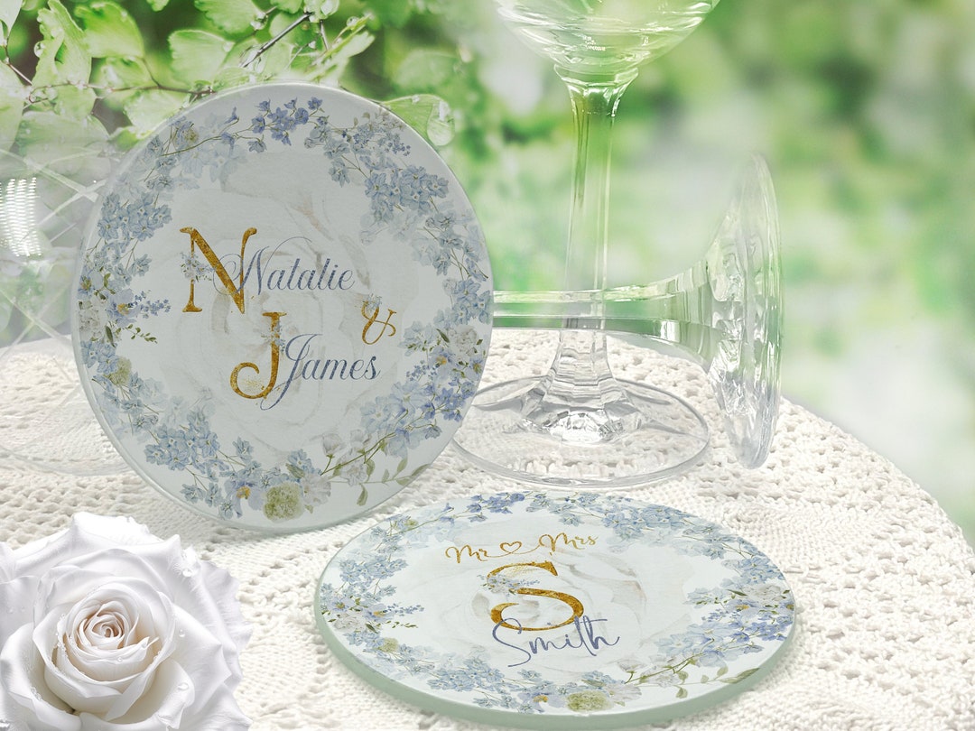 Golden Union: Dusty Blue Floral Personalized Coasters, Initial Coasters ...