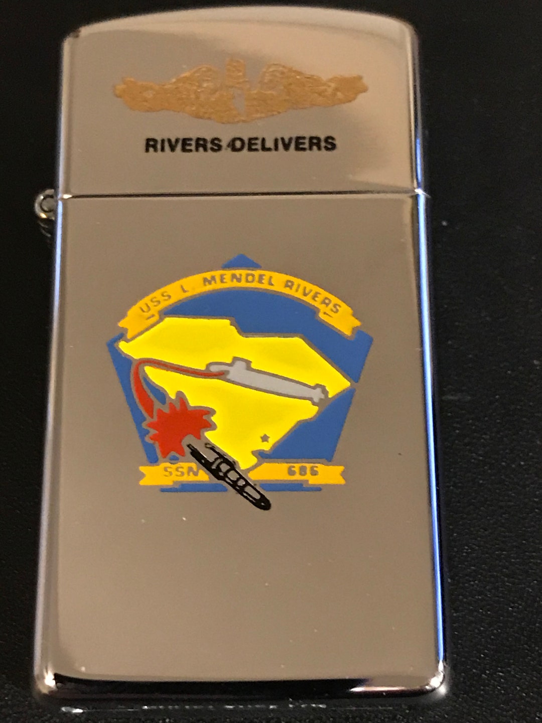 NOS USS L Mendel Rivers Submarine SSN 686 Zippo Slim Lighter - 1989 New ...