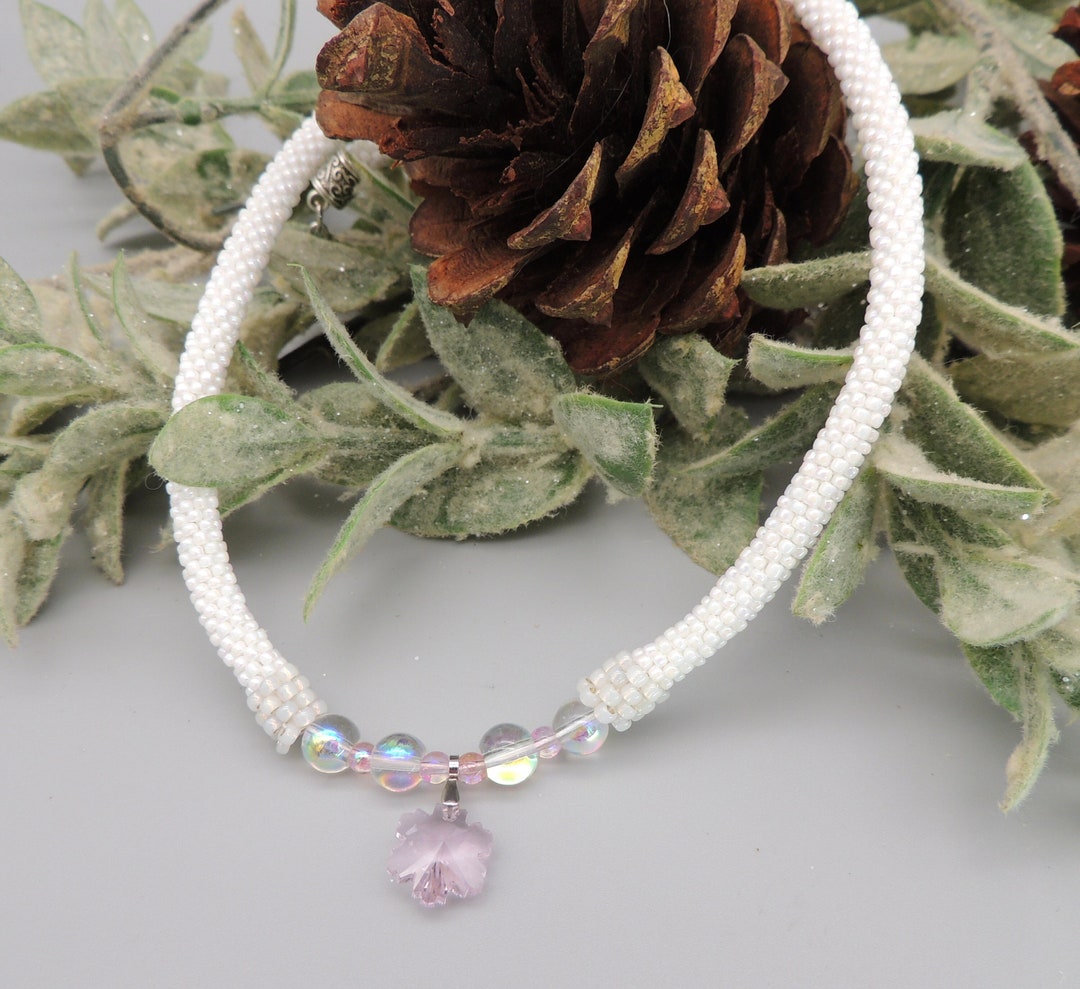 Pink Crystal Snowflake and Aurora Borealis Glass Bead Crochet Necklace ...