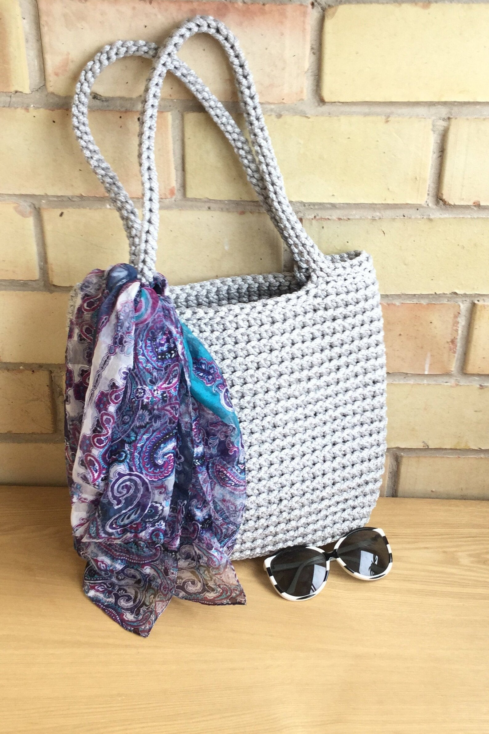 Gray Rope Bag Crochet Basket Bag top Handle Bag Crochet Summer Beach ...