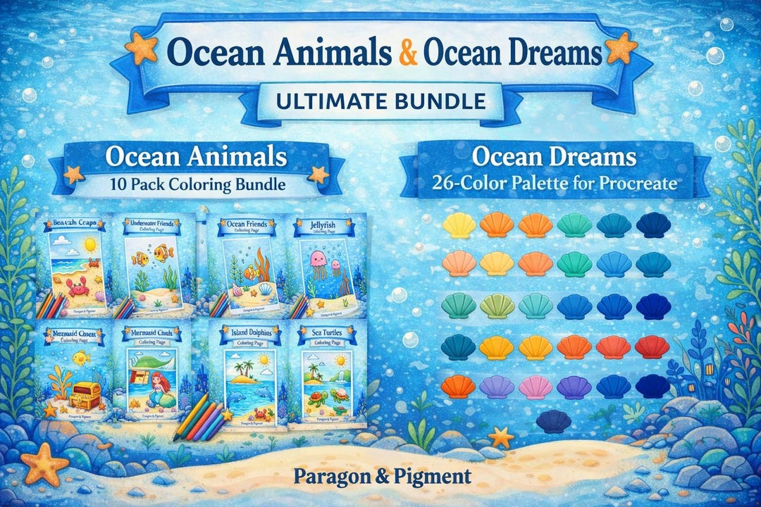 Ocean Coloring 10 Page Bundle + Procreate Palette | Sea Life Bundle ...