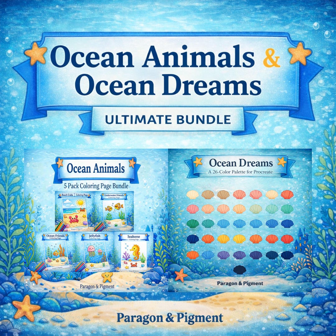 Ocean Coloring 5 Page Bundle (part One) + Procreate Palette | Sea Life ...