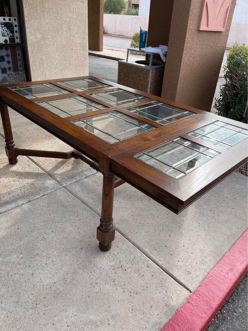 Very Nice, Large Dining Table With Side Extensions Lead Glass Inserts ...