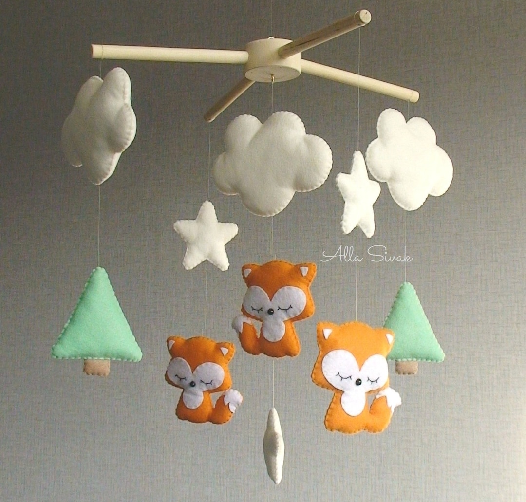 Woodland Baby Mobile, Sleeping Fox Nursery Decor, Felt Clouds and Stars ...