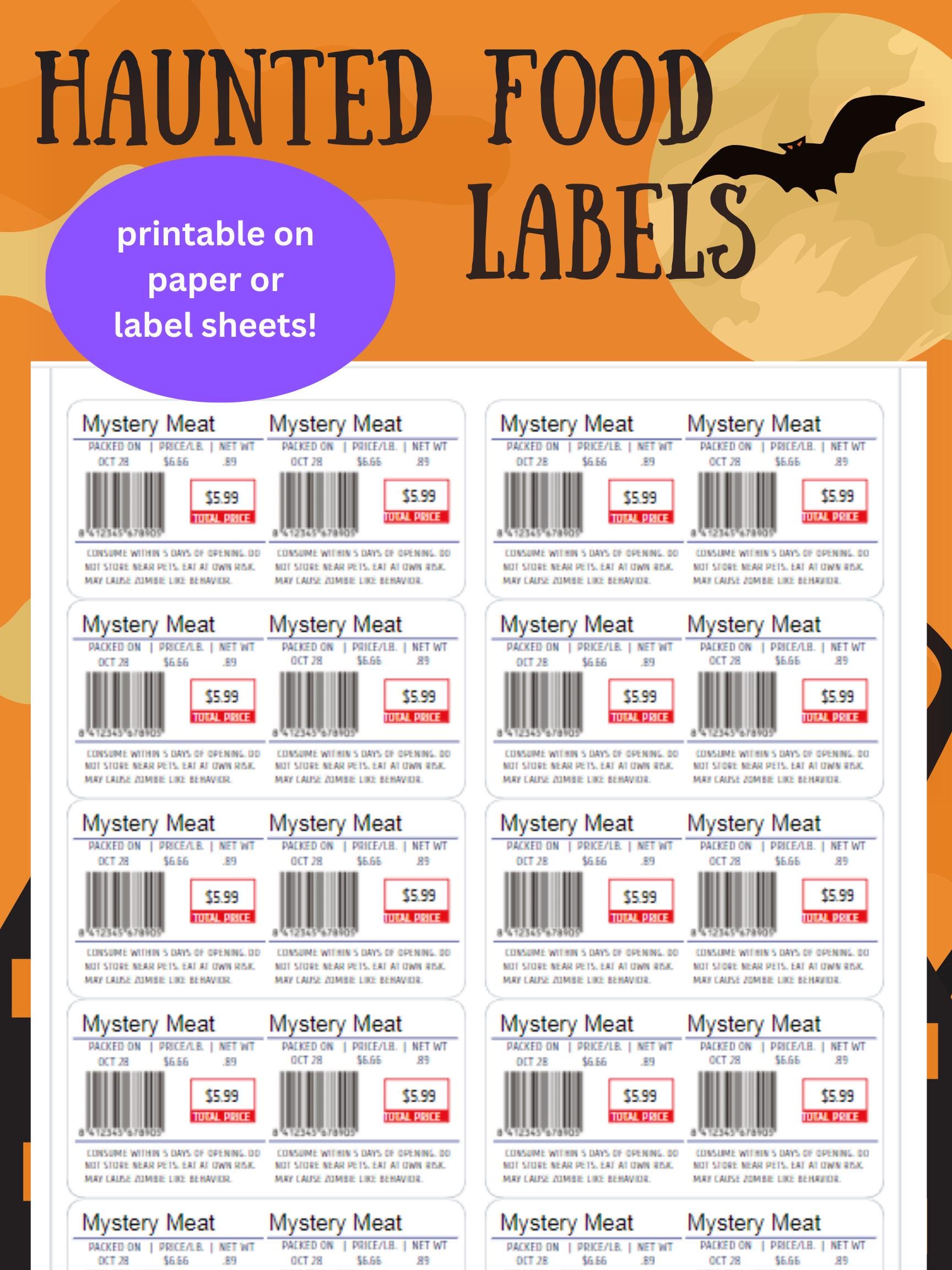 Halloween Haunted Food Labels for Party, Fun and Pranks, Mystery Meat ...