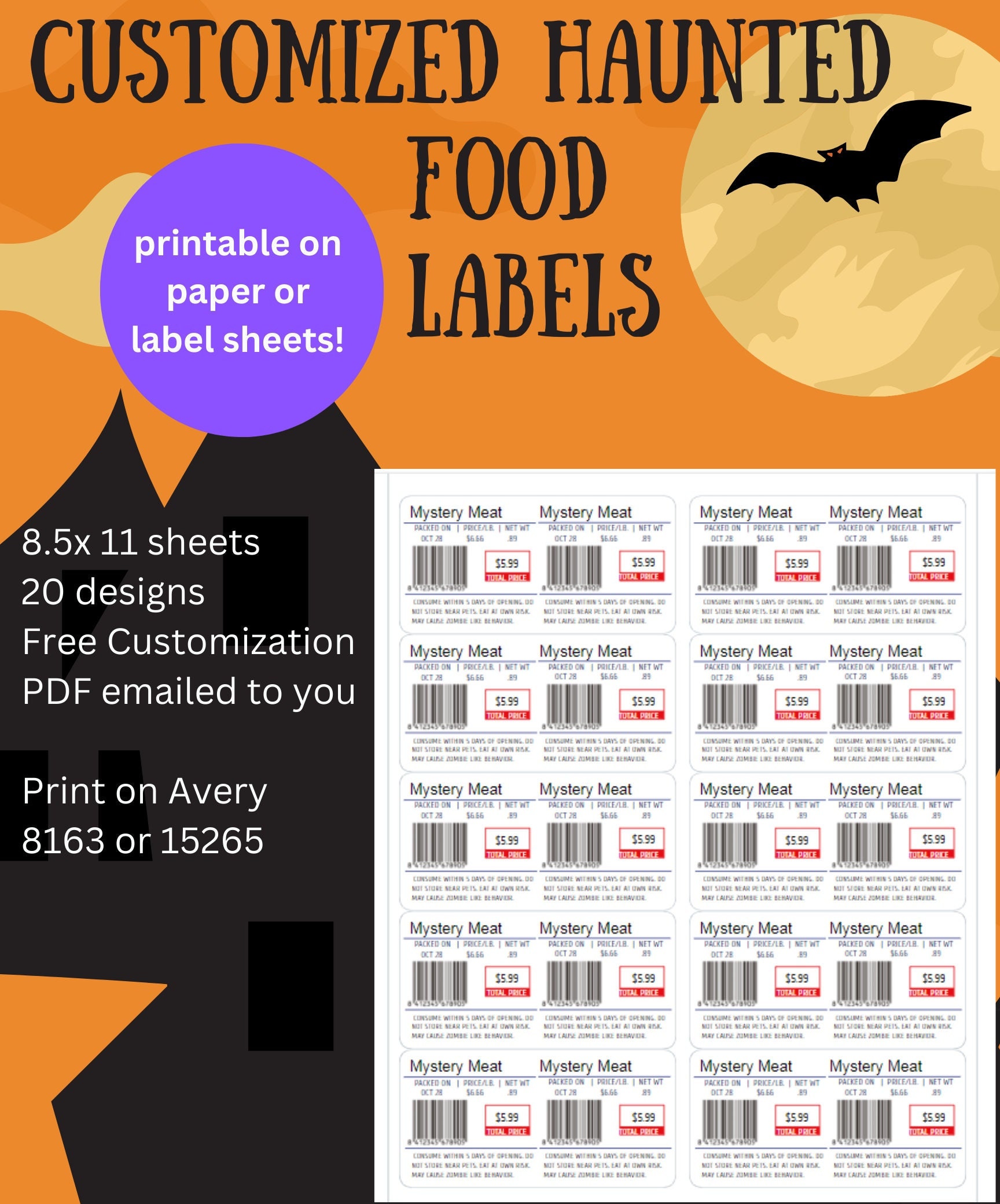 Halloween Haunted Food Labels for Party, Fun and Pranks, Mystery Meat ...