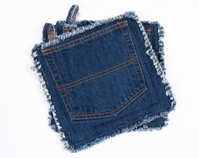 Pot Holders (pair) // Recycled Denim Pockets // Oven Mitts // Trivet - Etsy
