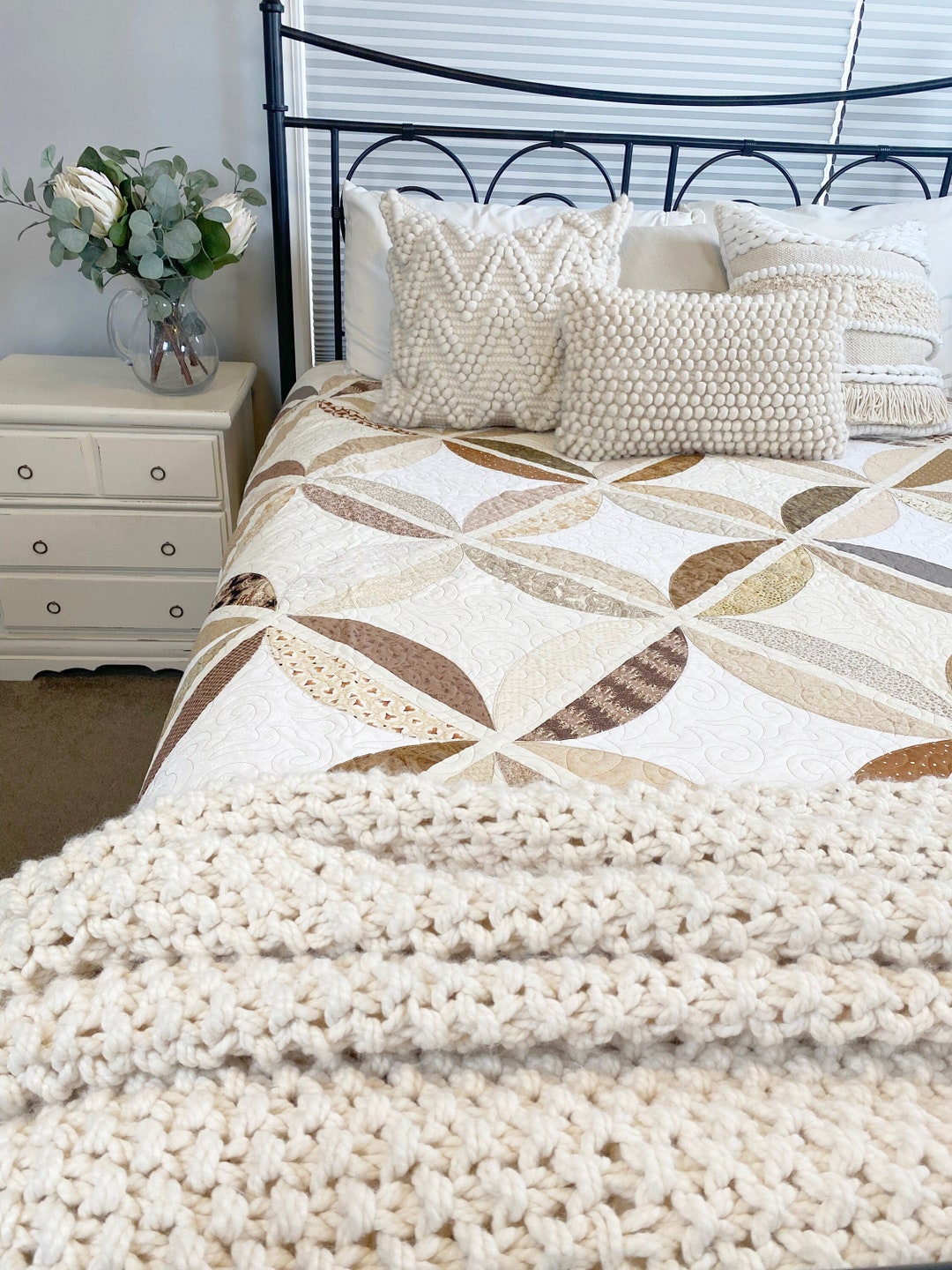 Patchwork Farmhouse Quilt // Queen Bed Size Blanket // Beige, Tan, off ...
