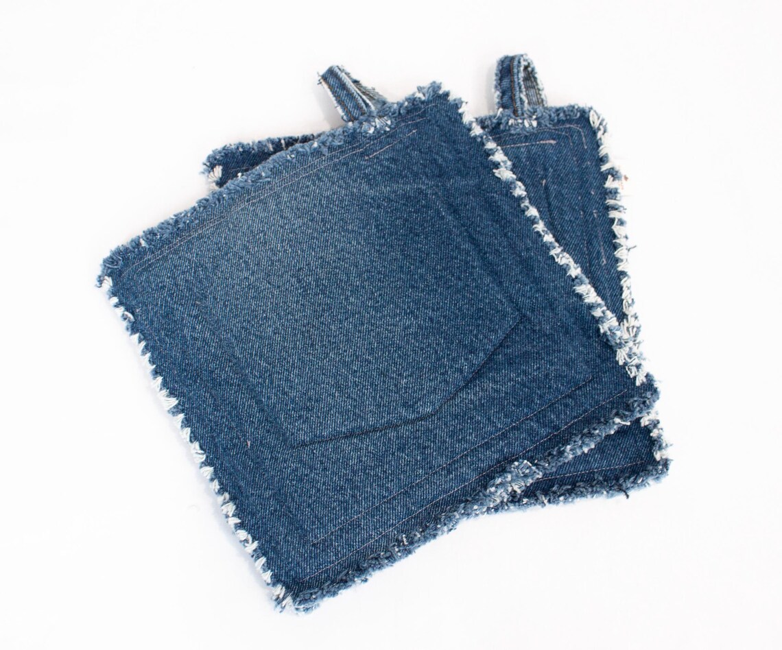 Pot Holders (pair) // Recycled Denim Pockets // Oven Mitts // Trivet - Etsy