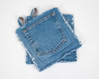 Pot Holders pair // Recycled Denim Pockets // Oven Mitts // Trivet - Etsy