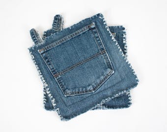 Pot Holders pair // Recycled Denim Pockets // Oven Mitts // Trivet - Etsy