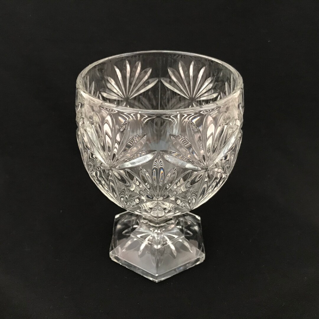 Vintage OPEN COMPOTE Pressed Glass Fan Pattern Pedestal Bowl Vase Cut ...