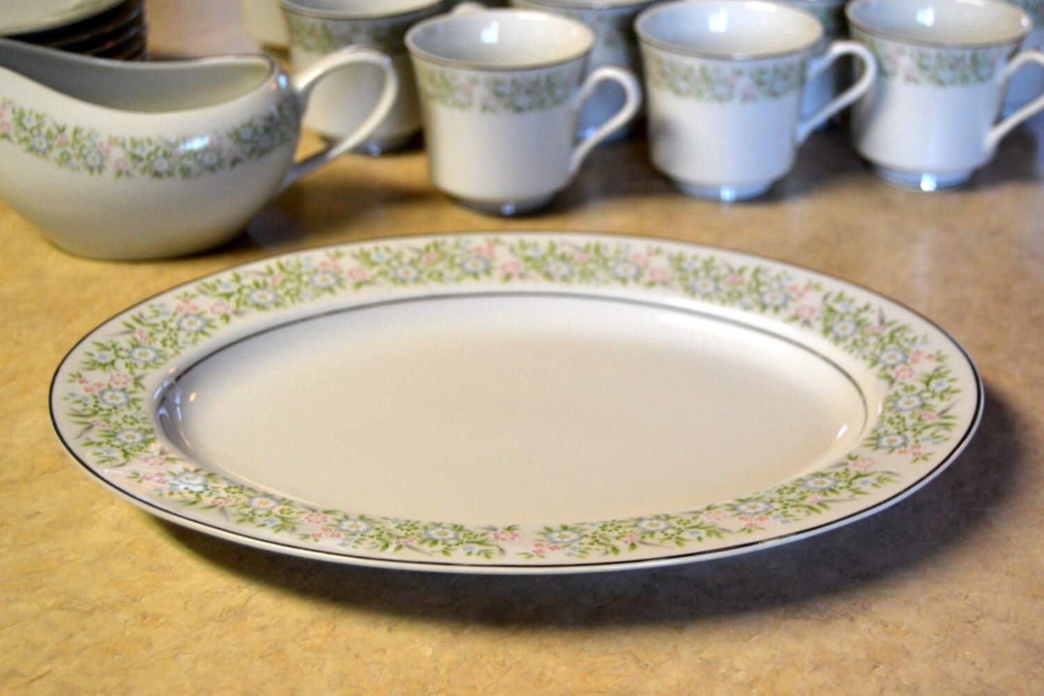 Taihei China, Springtime OVAL SERVING PLATTER Pink and Blue Flowers ...