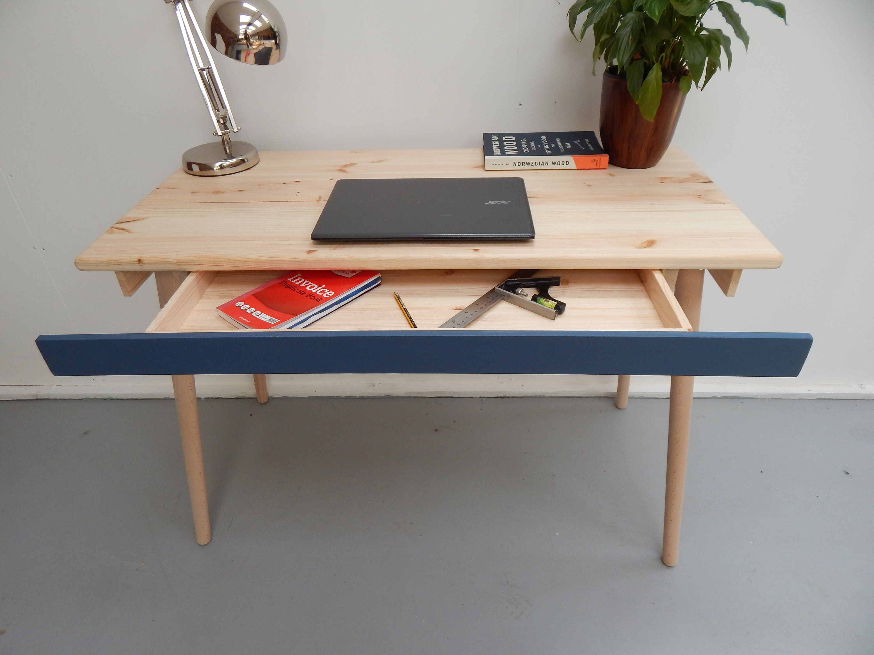 Scandi Computer Desk With Drawer Solid Wood Retro WFH Solid | Etsy UK