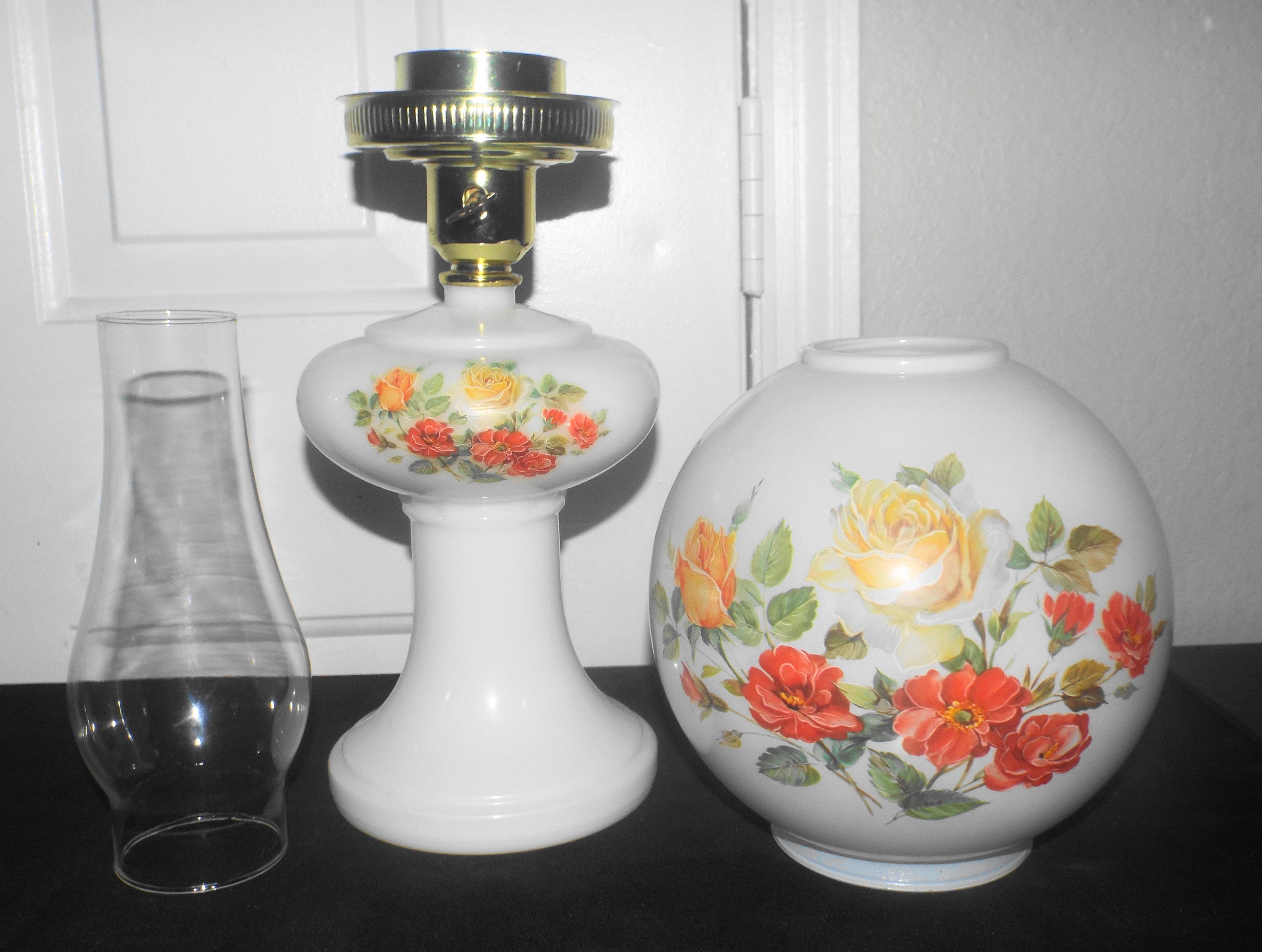 Gone With the Wind Fancy Globed Milk-glass Floral Displayed Hurricane ...