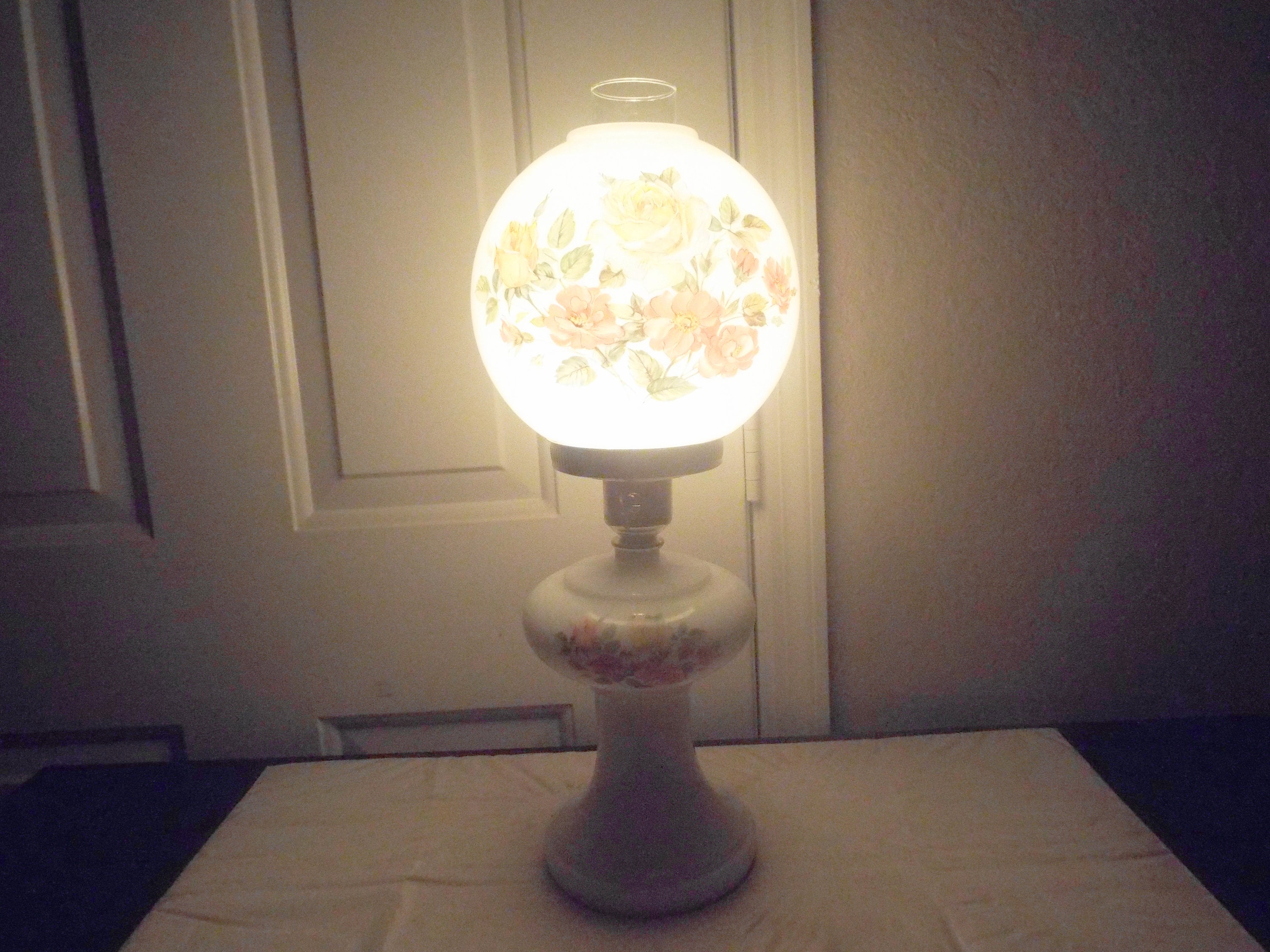 Gone With the Wind Fancy Globed Milk-glass Floral Displayed Hurricane ...