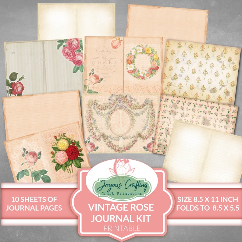 Rose Junk Journal Kit, Pink Journal Pages, Vintage Rose Journal Kit, Pink Rose Paper, Rose ...