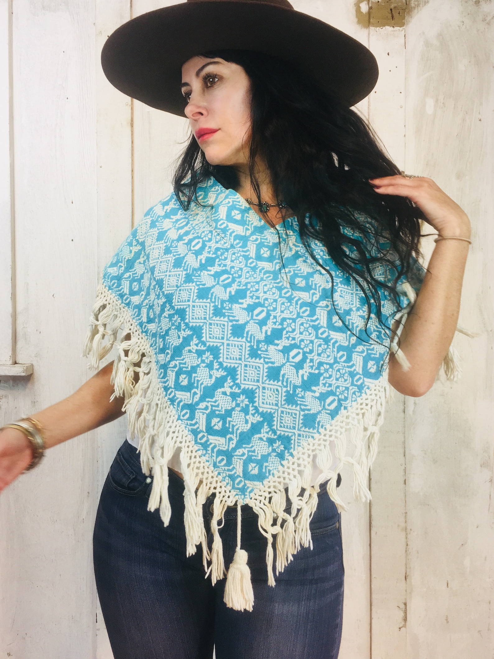 Vintage Mexican Poncho//embroidered Turqouise Poncho//guatemalan Poncho ...