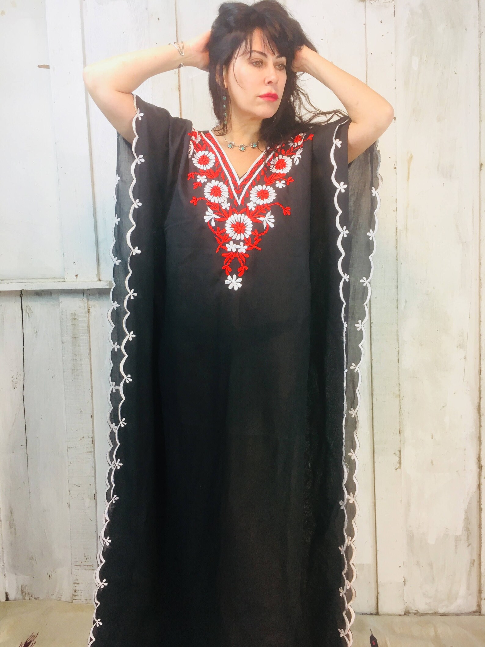 Vintage 70s Embroidered Kaftan// Black Bohemian Kaftan/ Vintage ...