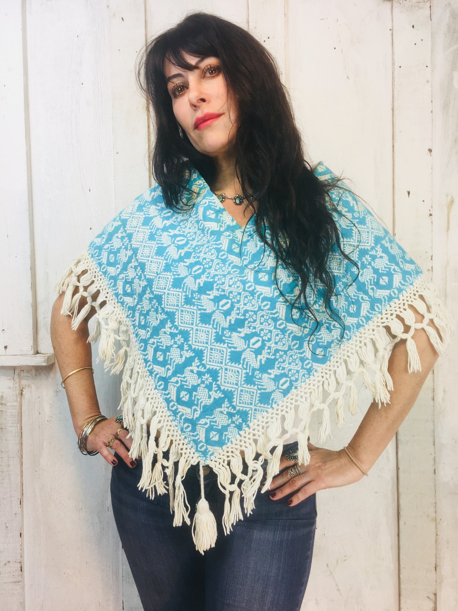 Vintage Mexican Poncho//embroidered Turqouise Poncho//guatemalan Poncho ...