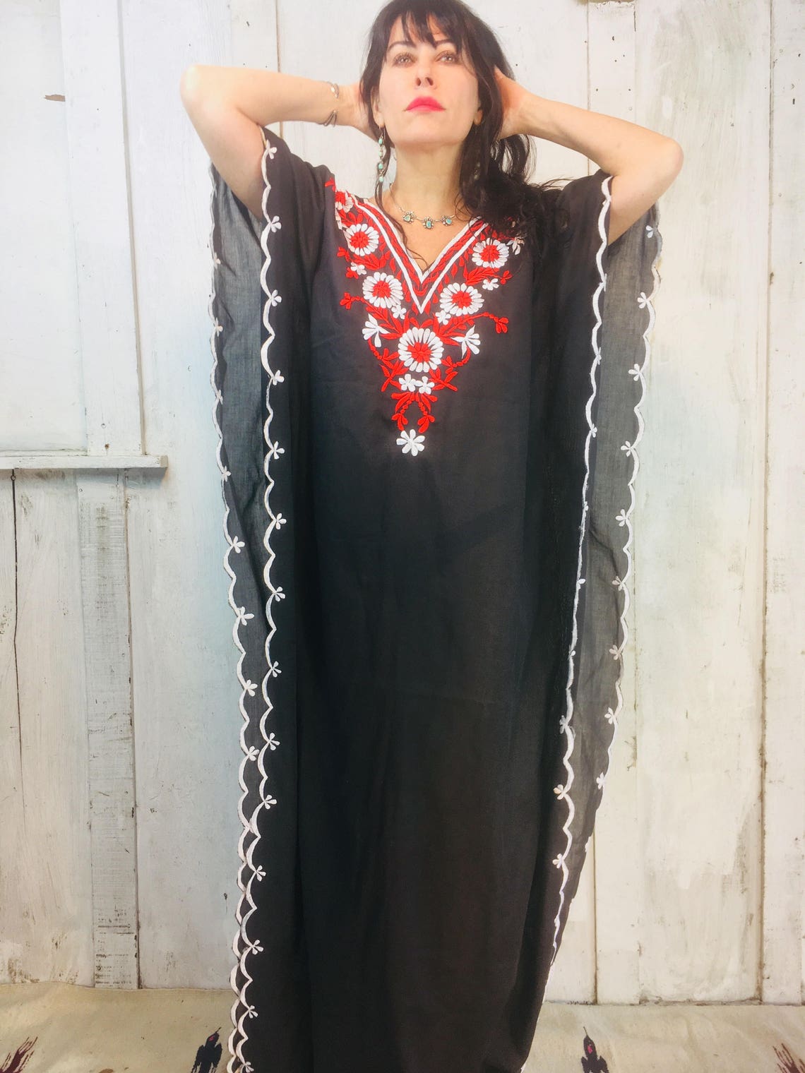 Vintage 70s Embroidered Kaftan// Black Bohemian Kaftan/ Vintage ...