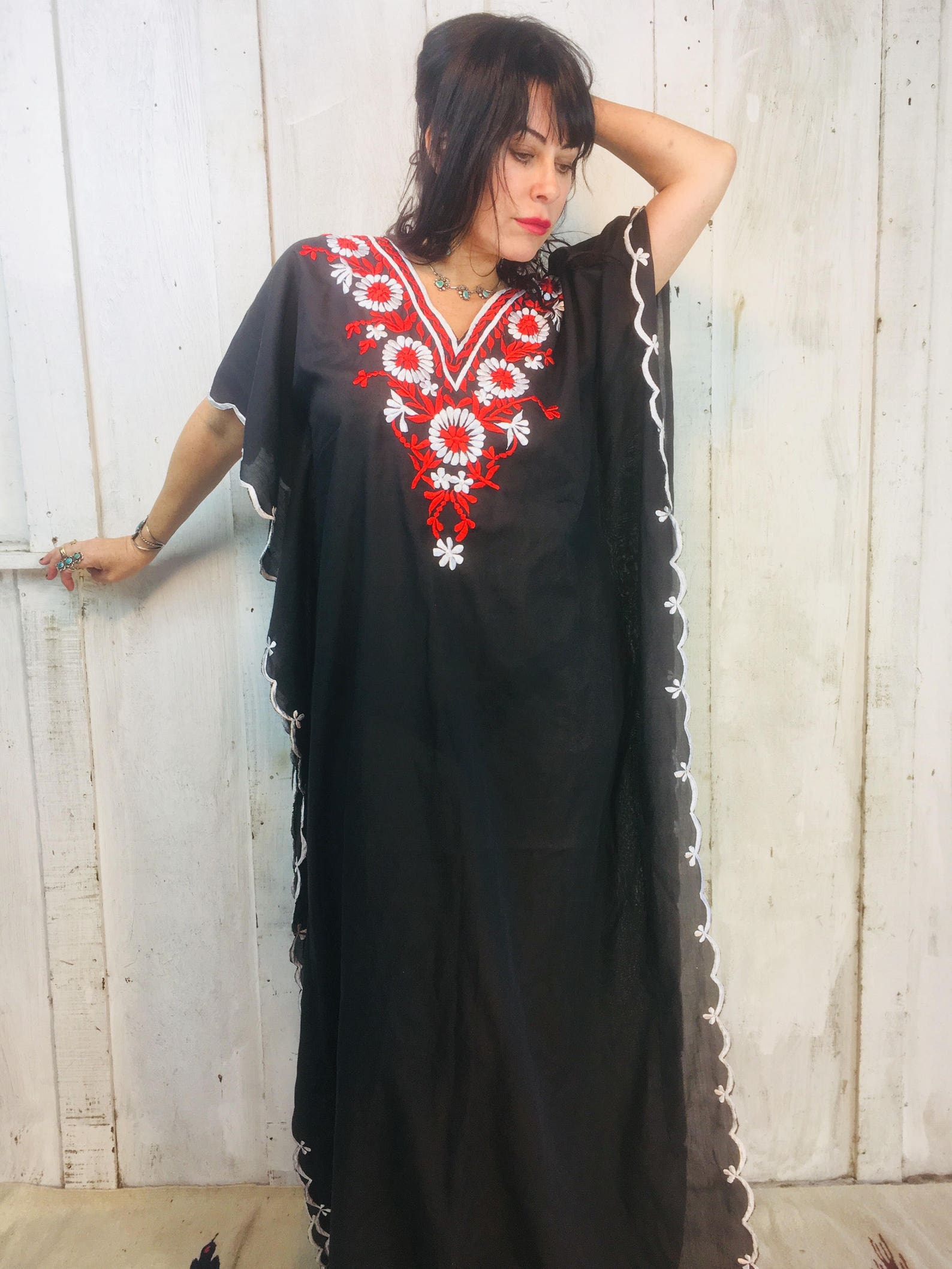 Vintage 70s Embroidered Kaftan// Black Bohemian Kaftan/ Vintage ...