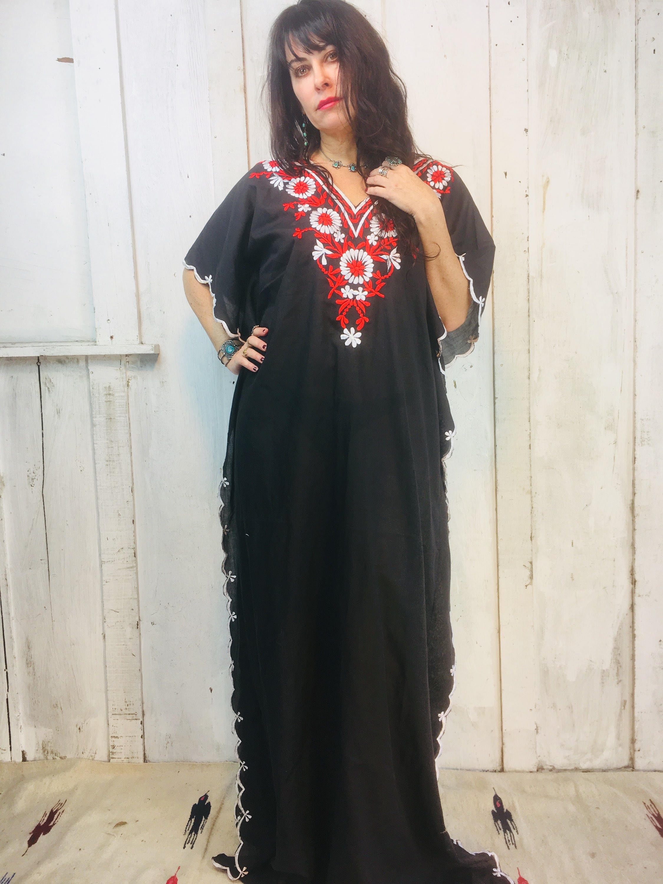 Vintage 70s Embroidered Kaftan// Black Bohemian Kaftan/ Vintage ...