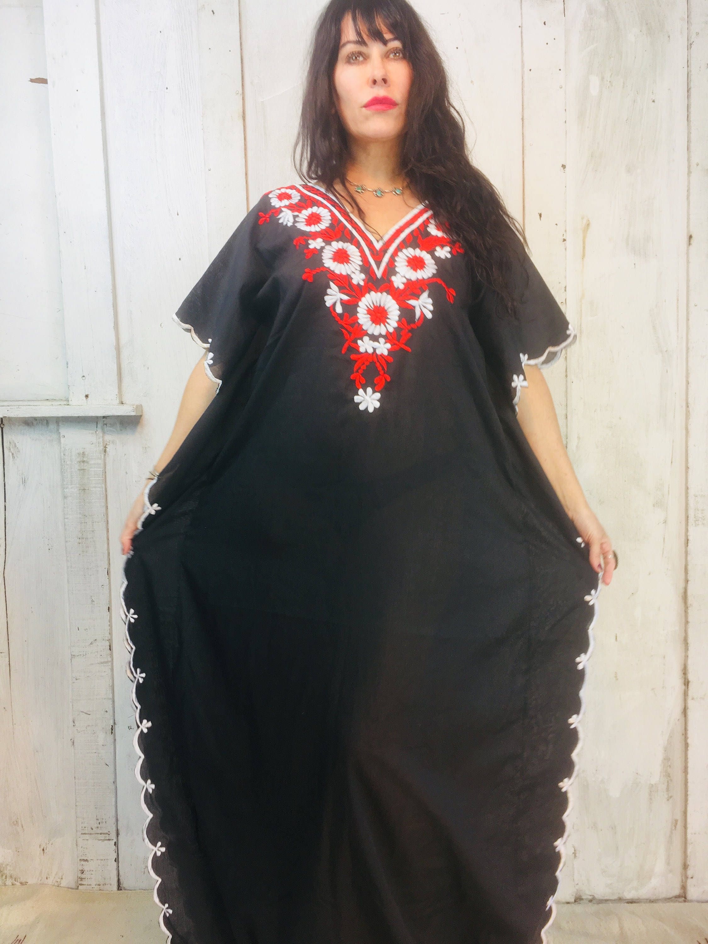 Vintage 70s Embroidered Kaftan// Black Bohemian Kaftan/ Vintage ...