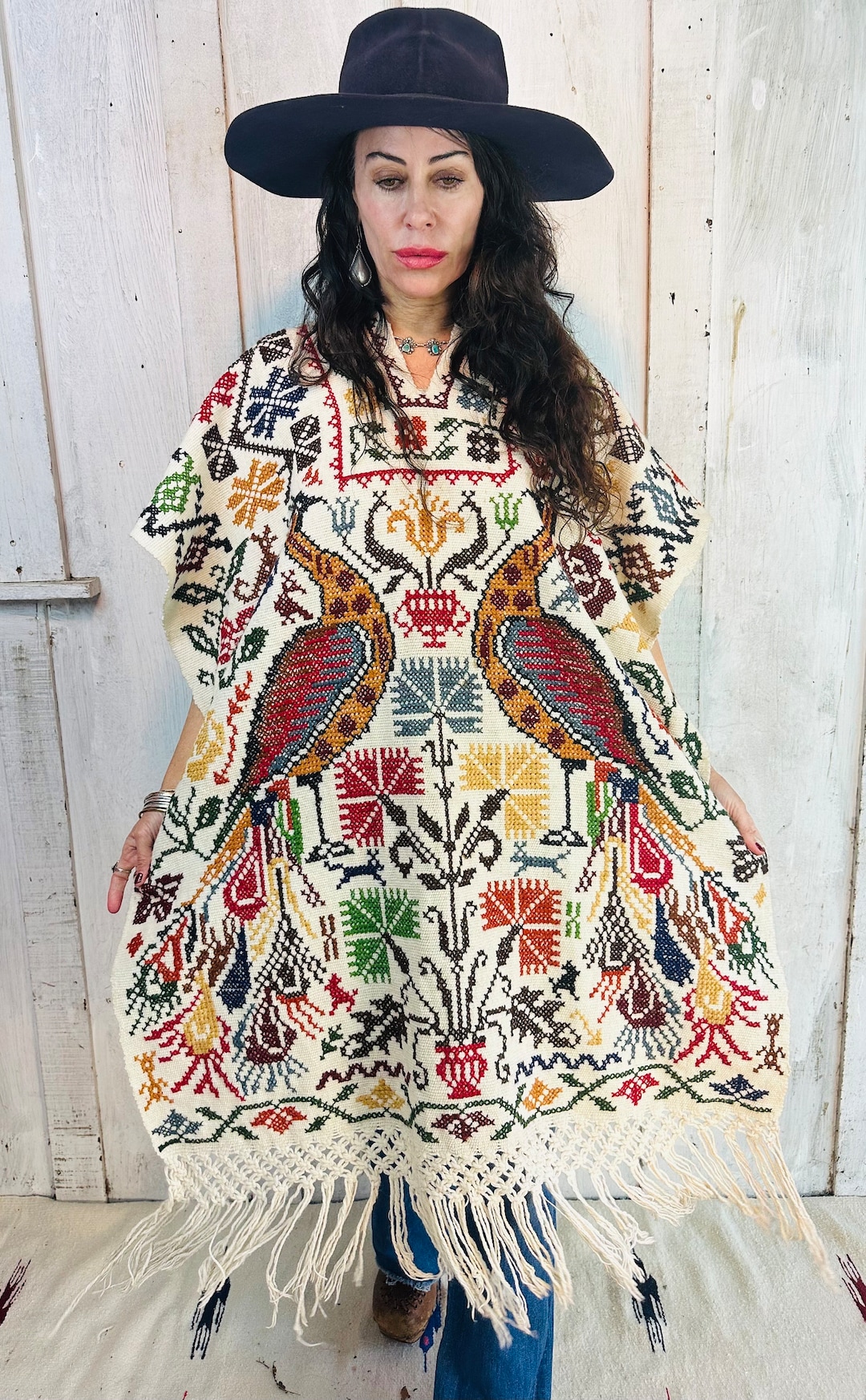Vintage Handwoven Poncho//mexican Embroidered Poncho//folk Art Poncho ...