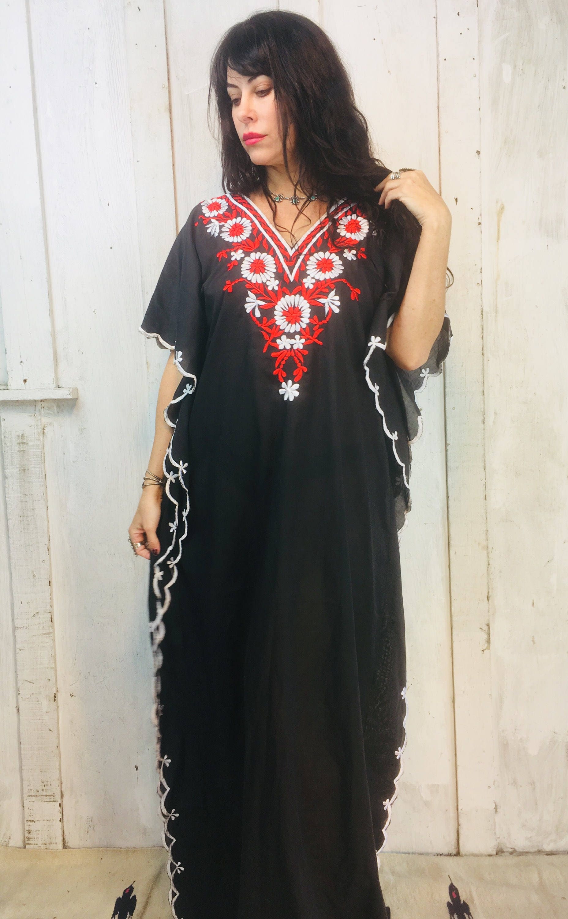 Vintage 70s Embroidered Kaftan// Black Bohemian Kaftan/ Vintage ...