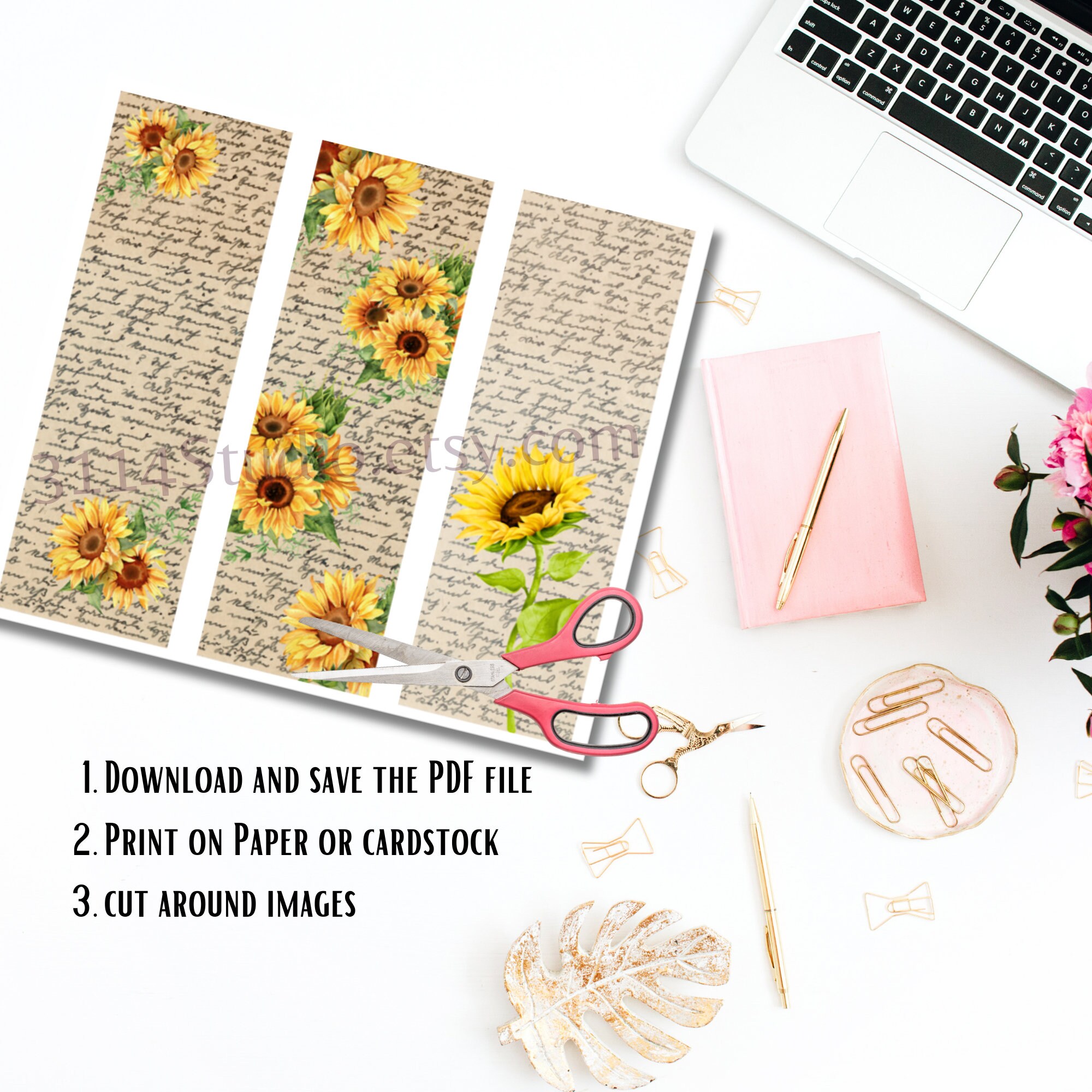 Sunflower Handwriting Printable Bookmarks, Set of 3, Printable, Digital ...