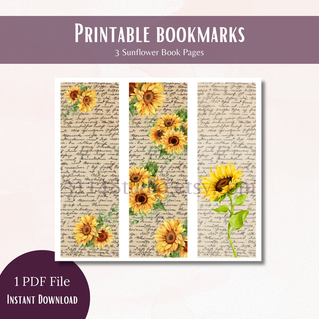 Sunflower Handwriting Printable Bookmarks, Set of 3, Printable, Digital ...
