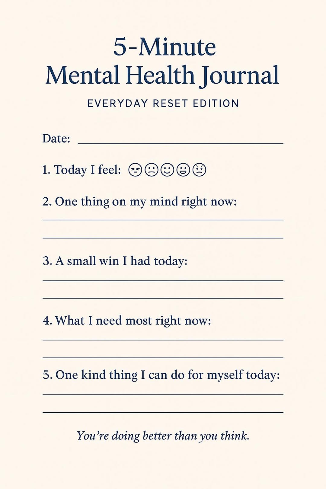 5-minute Mental Health Journal | Printable Self-care Page | Everyday ...