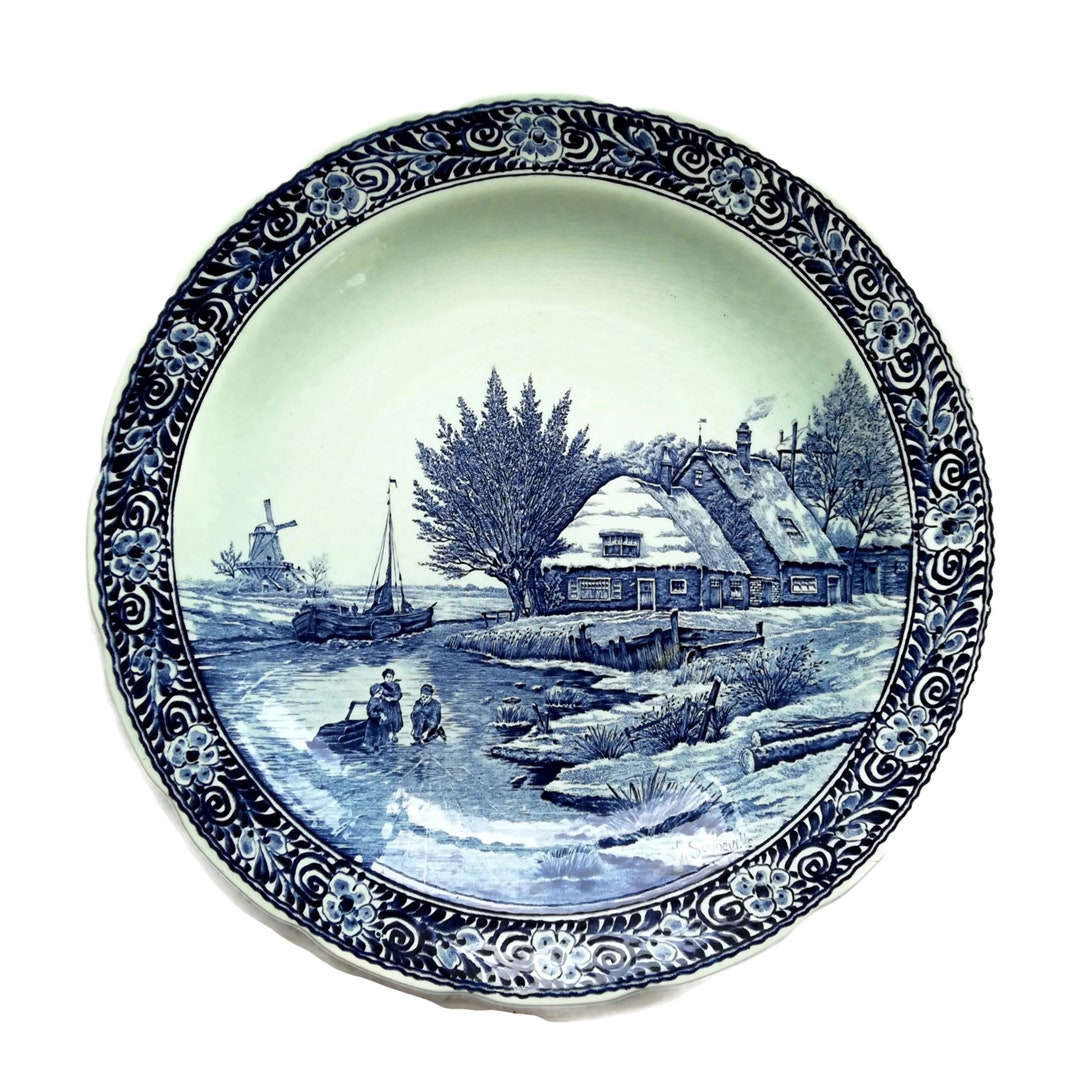 Vintage Large Decorative Plate Delfts Boch Belgium 15 1/4" Blue & White ...