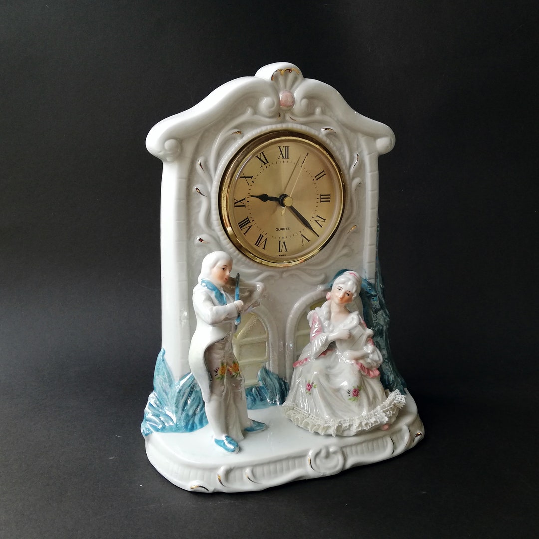 Vintage Porcelain Quartz Table Clock Mantel Clock FIGURINE Desk Clock ...