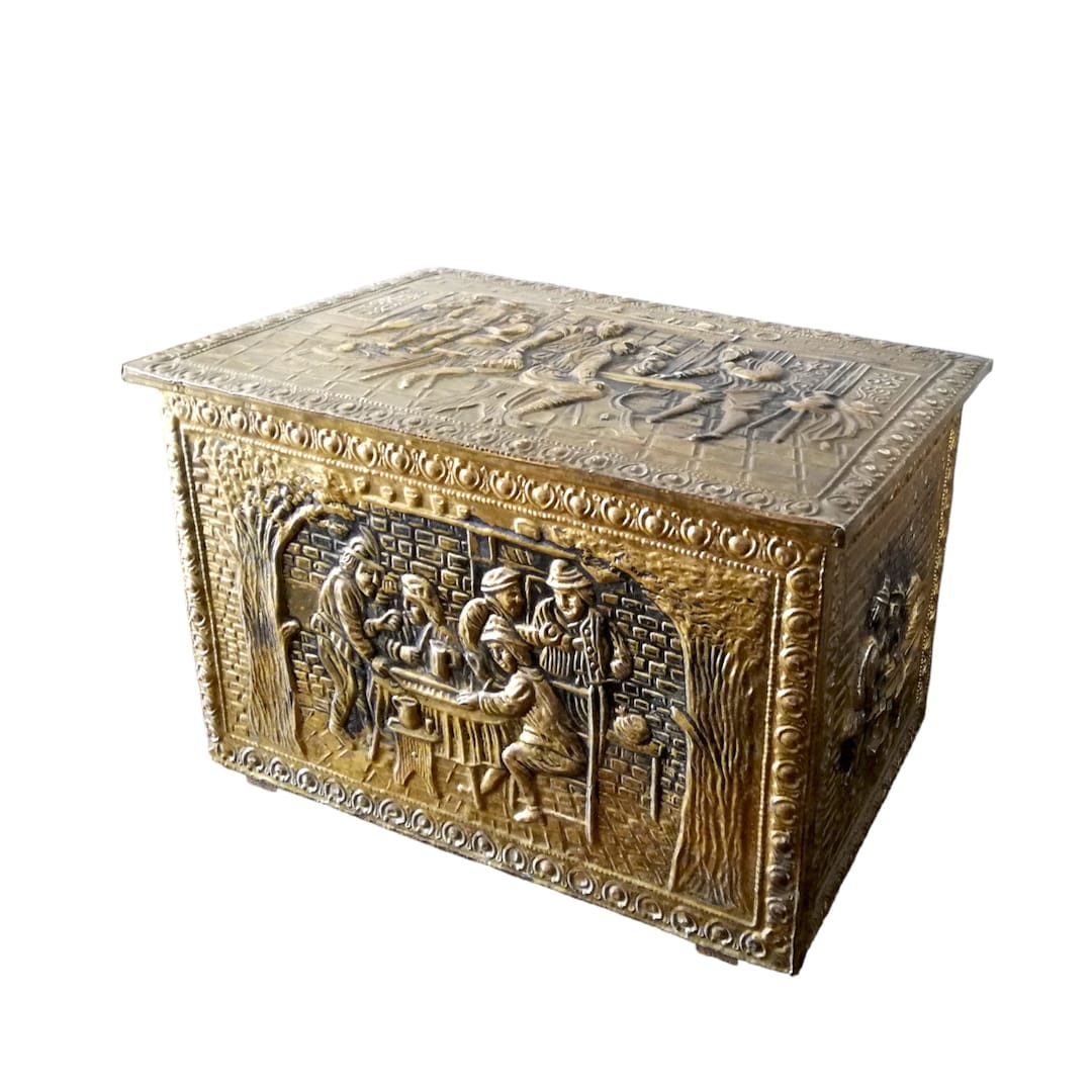 Antique Large Brass Coal Box Fireplace Coal Scuttle Vintage Embossed ...