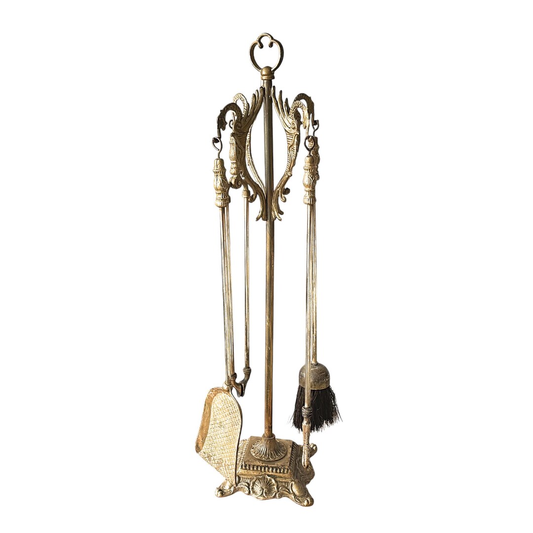 Antique Solid Brass Fireplace Set Tongs Brush Shovel Poker and Stand in ...