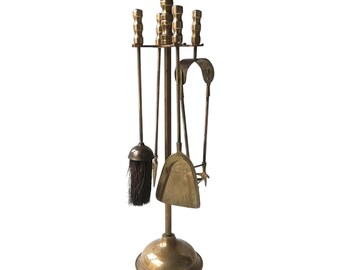 Antique Solid Brass Fireplace Set Tongs Brush Shovel Poker and Stand in ...