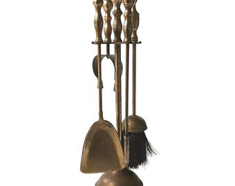 Antique Solid Brass Fireplace Set Tongs Brush Shovel Poker and Stand in ...