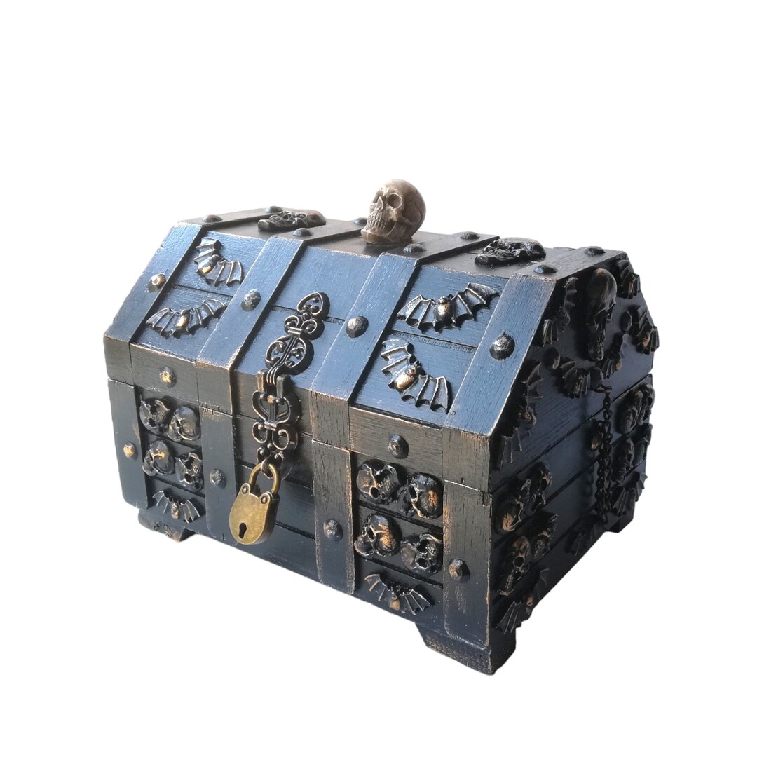 Large Gothic Jewelry Box Vintage Black Wooden Skull Bats Box Victorian ...