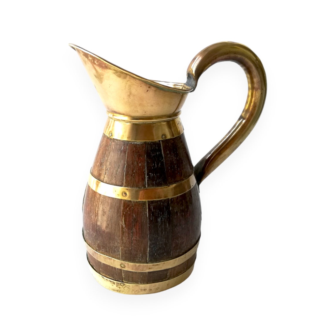 French Antique Wood and Brass Pitcher, Vintage Oak Wine or Cider Jug - Etsy
