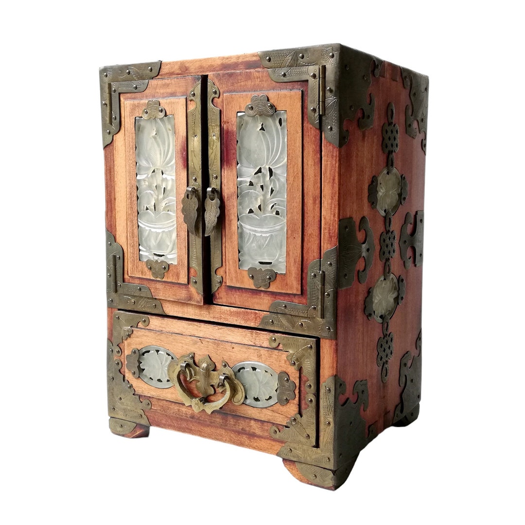 Antique Chinese Jewelry Box With Brass Jade Accents Mid Century - Etsy
